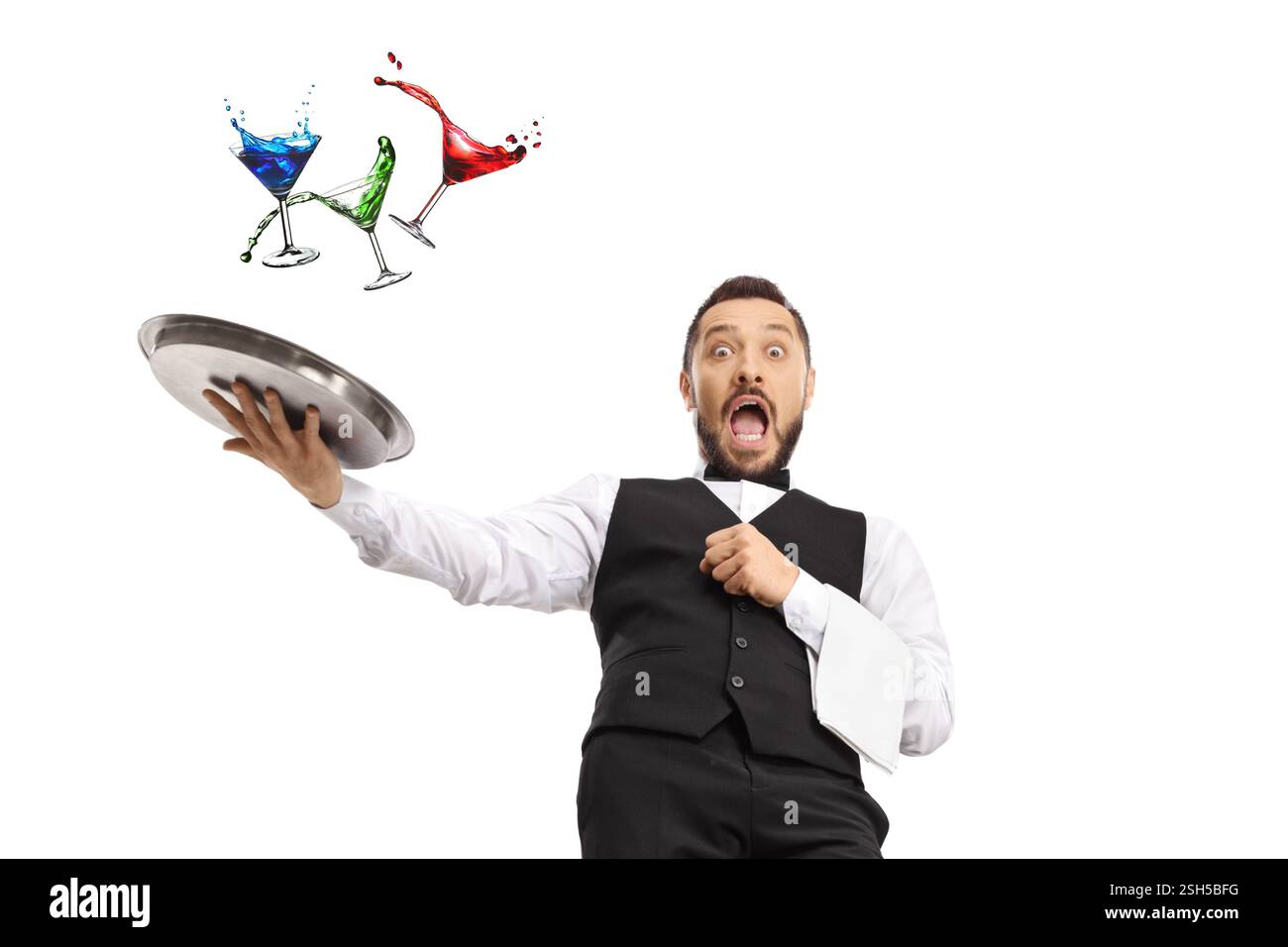 Waiter falling with cocktails on a tray isolated on white background ...
