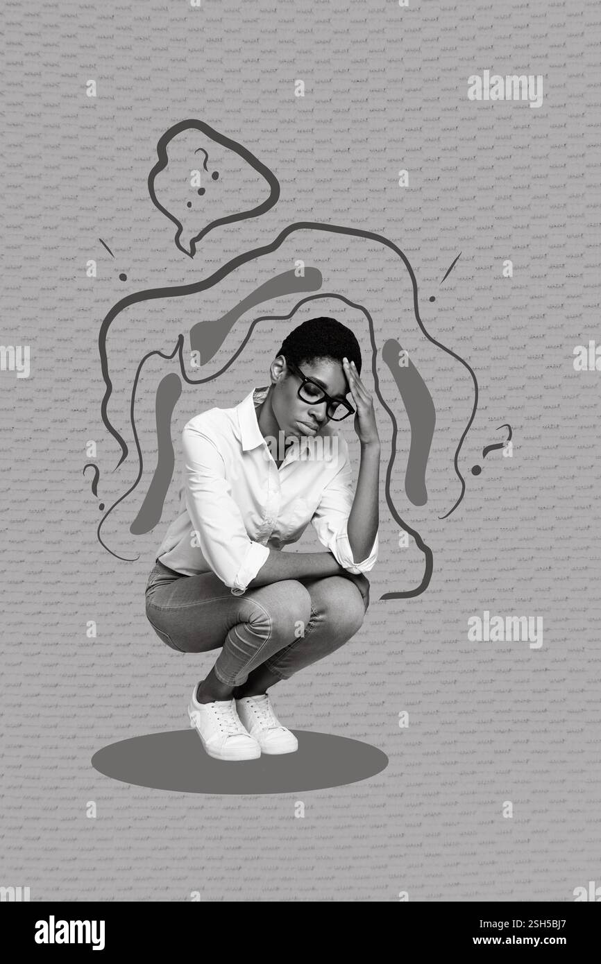 Vertical collage image of black white effect unsatisfied person have ...