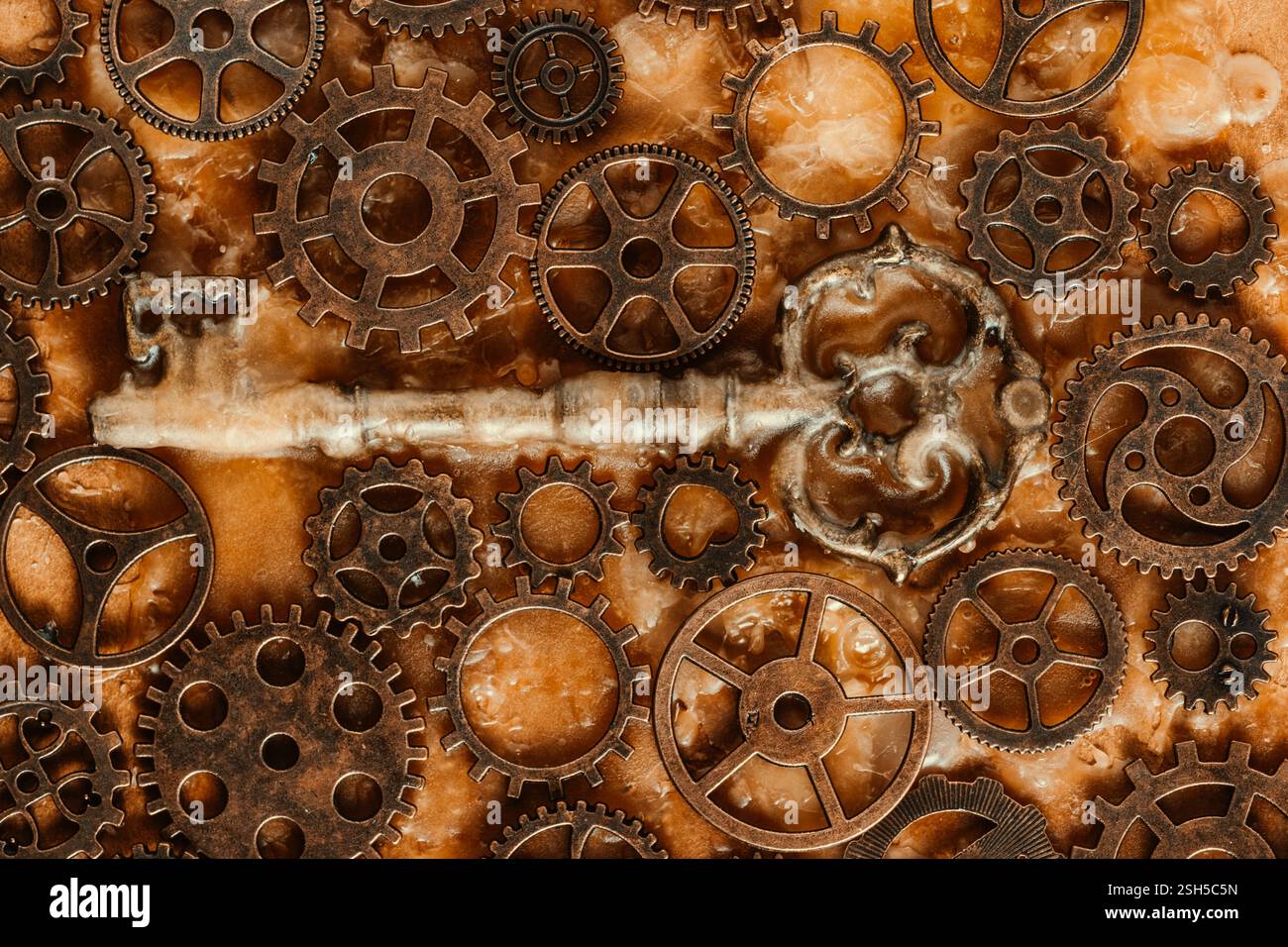 Retro composition, old key and vintage gears on worn background Stock ...