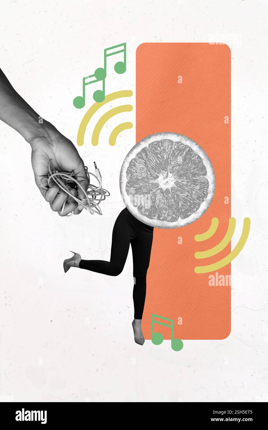 Art vertical photo collage of anonym girl instead head orange slice ...