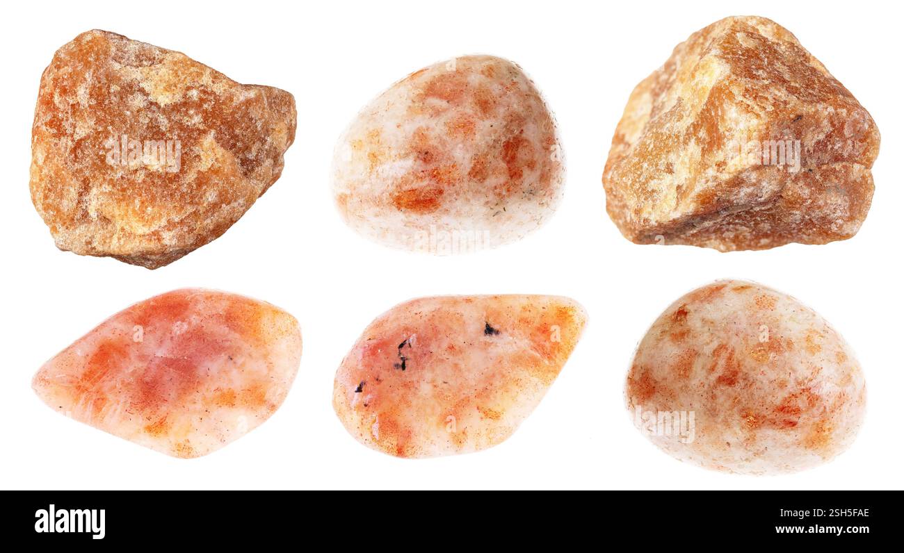 various specimens of uncut sunstone rocks cutout on white background ...