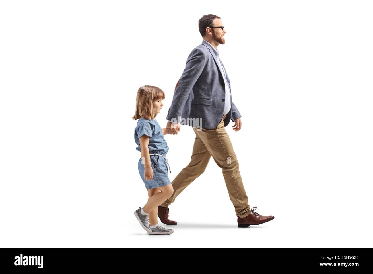 Father and daughter walking and holding hands isolated on white ...