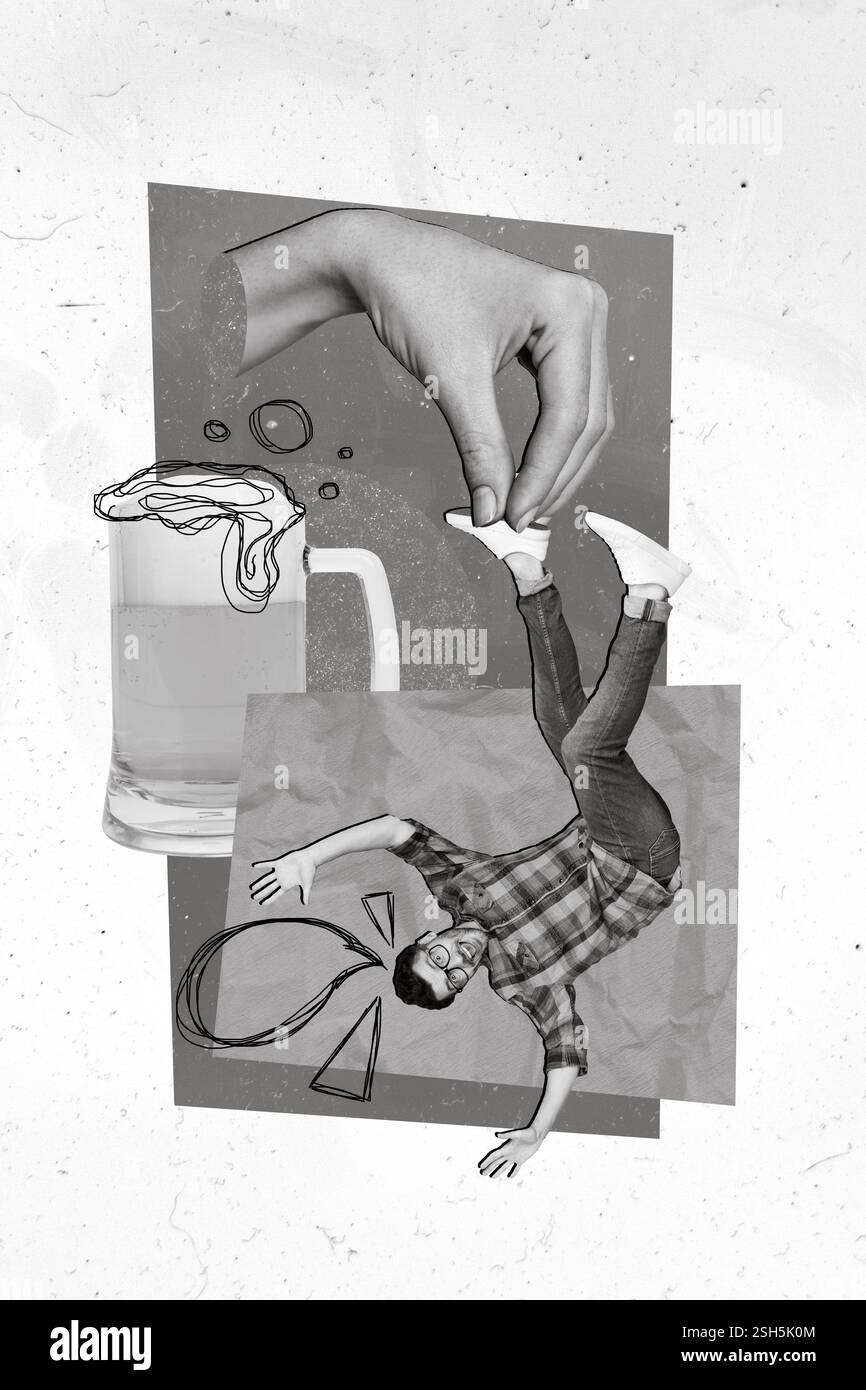 Vertical creative collage photo of large arm holding funny drunk ...