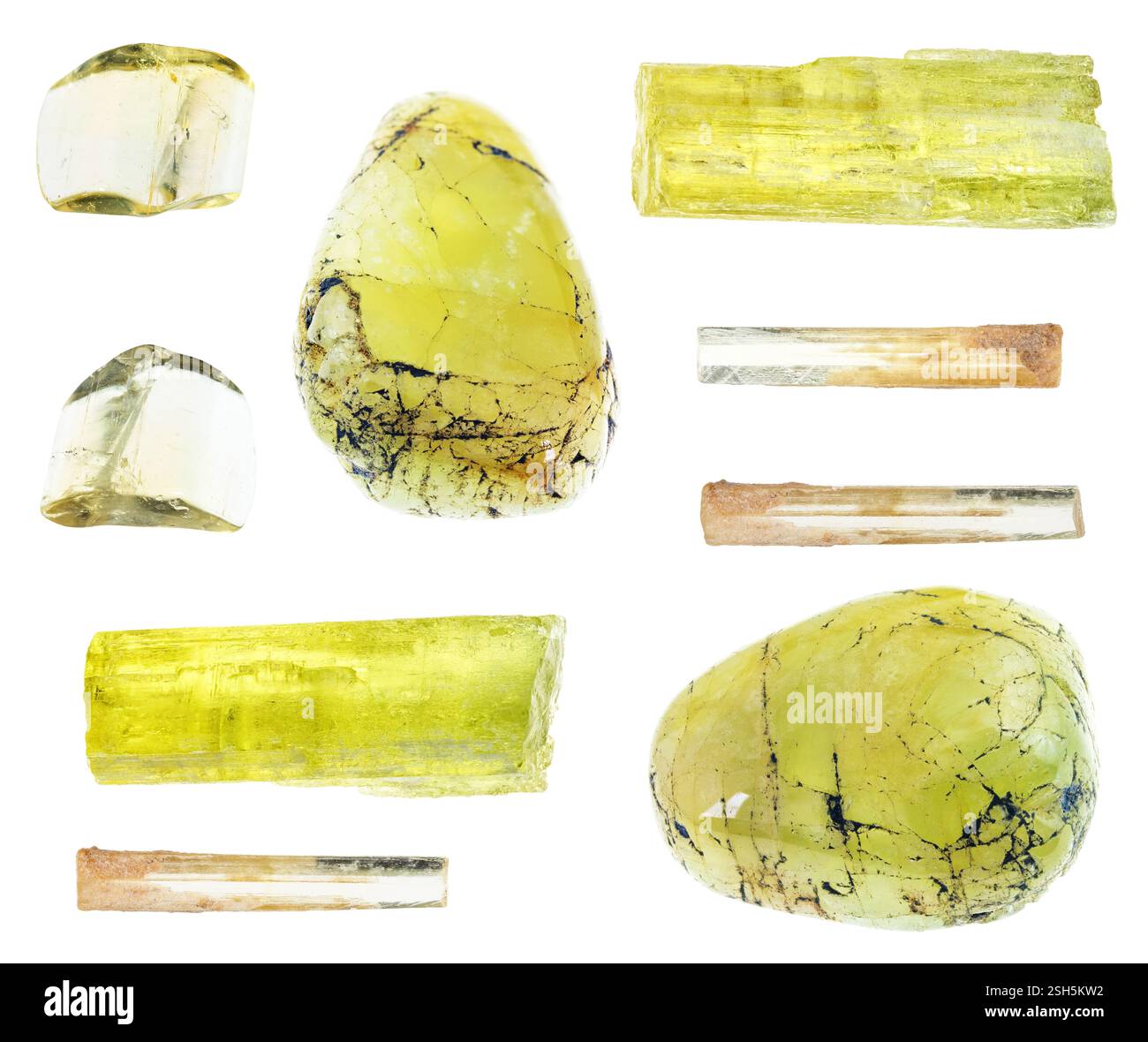 various specimens of uncut heliodor yellow beryl rocks cutout on white ...