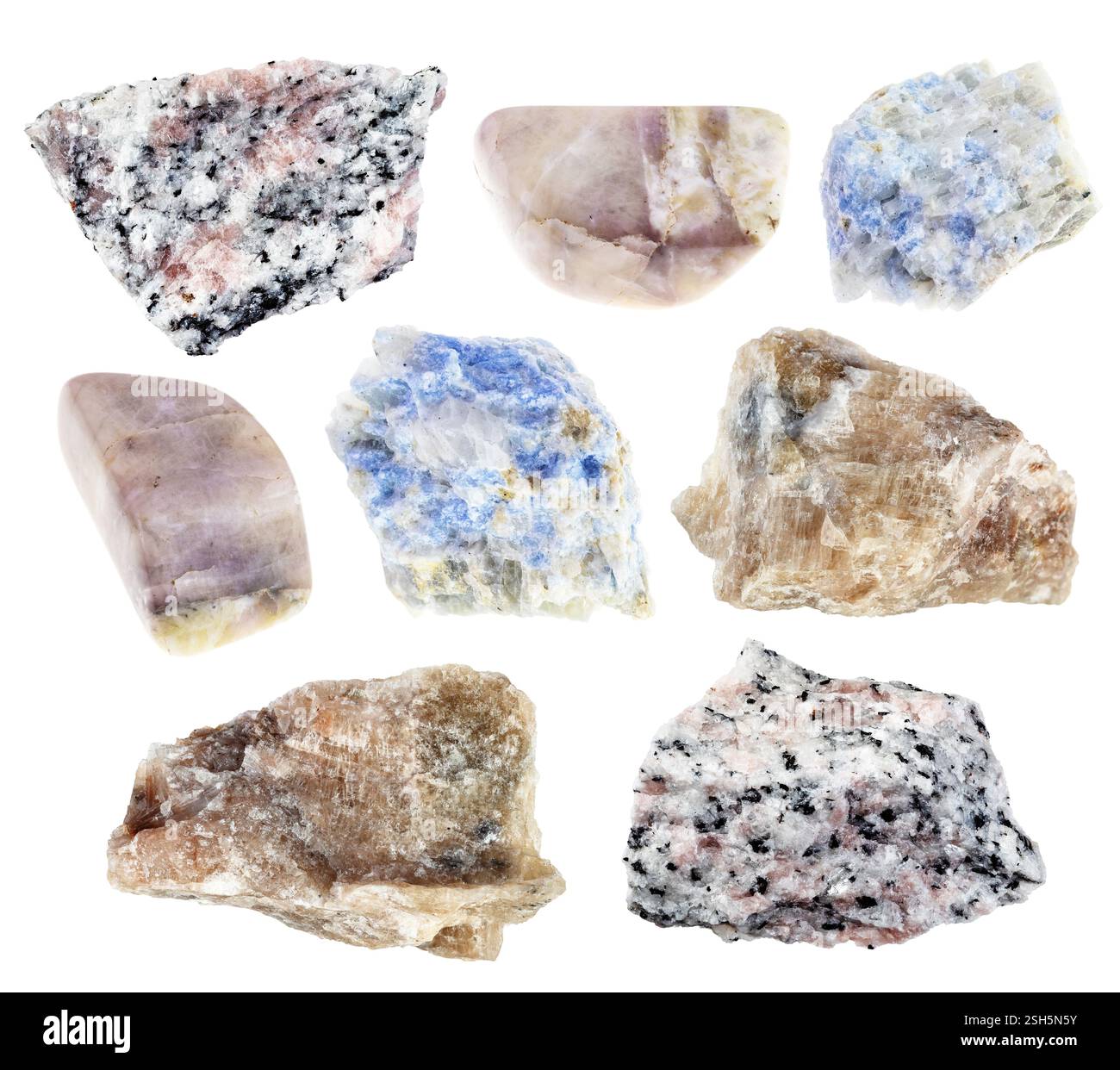 various specimens of uncut cancrinite rocks cutout on white background ...