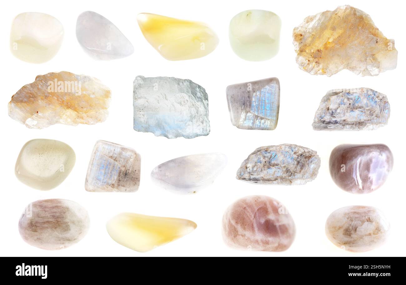 various specimens of uncut moonstone rocks cutout on white background ...