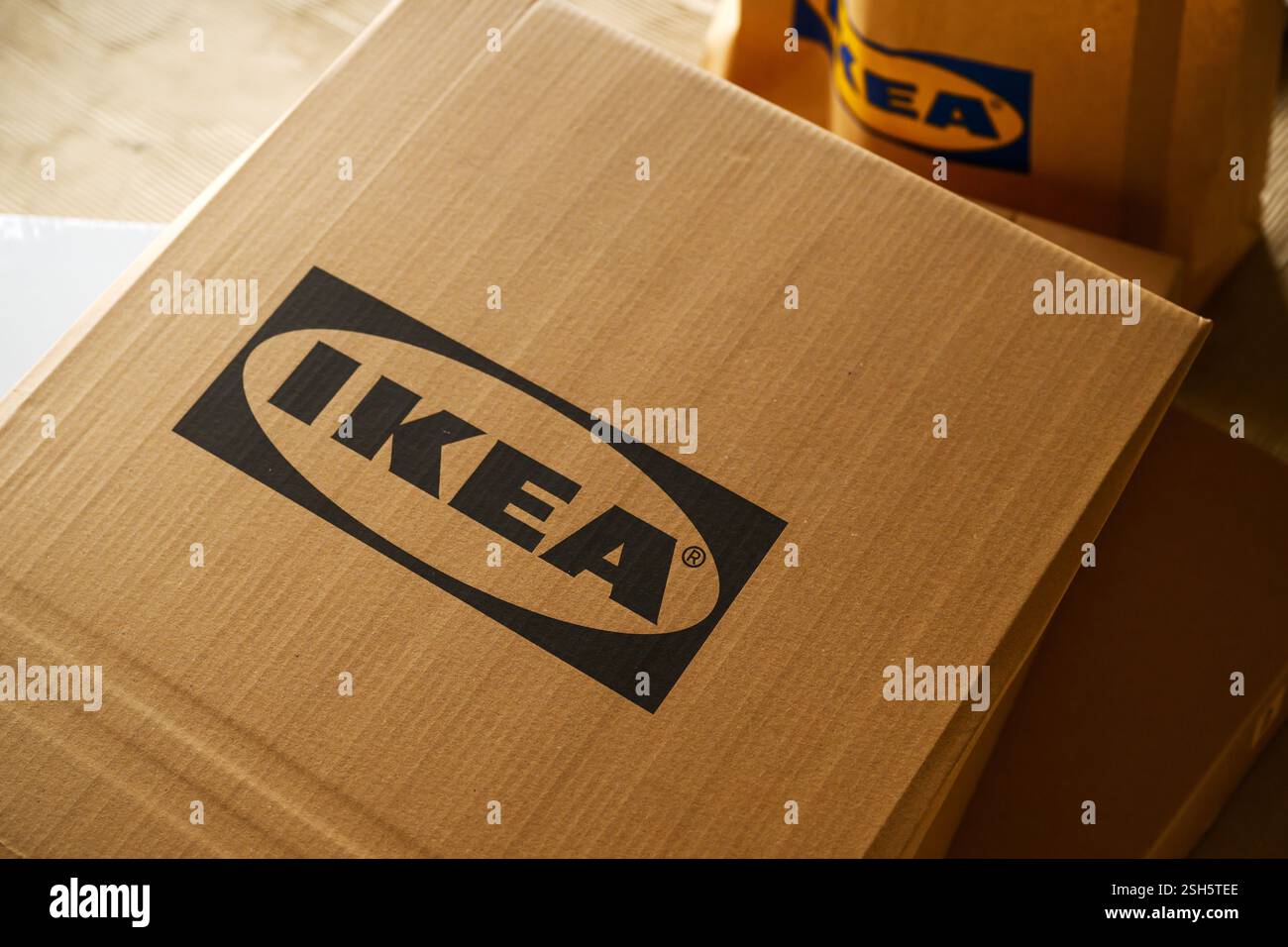 Novi Sad, Serbia - January 23, 2025: Ikea cardboard box and paper bag ...