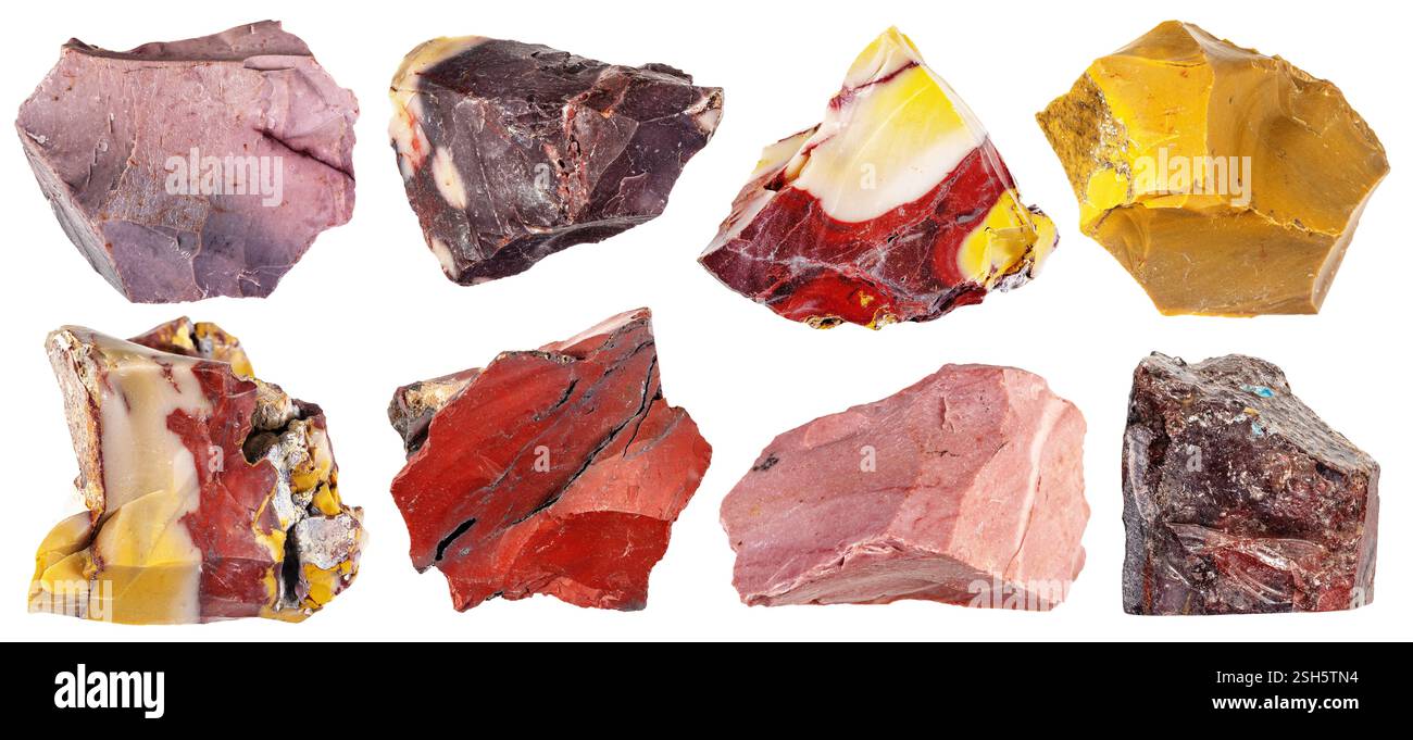 various specimens of uncut mookaite rocks cutout on white background ...