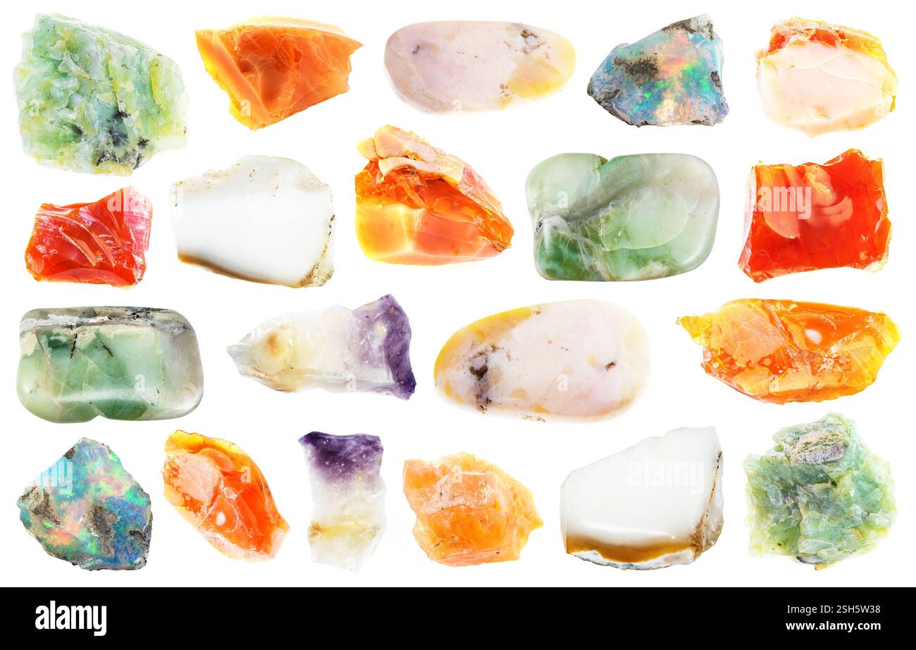 various specimens of uncut opal rocks cutout on white background Stock ...