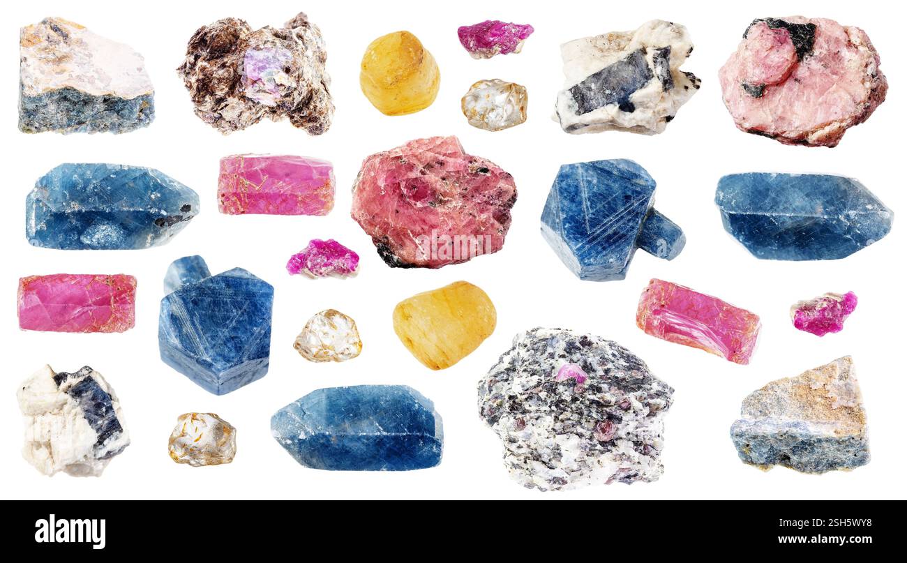 various specimens of uncut corundum rocks cutout on white background ...