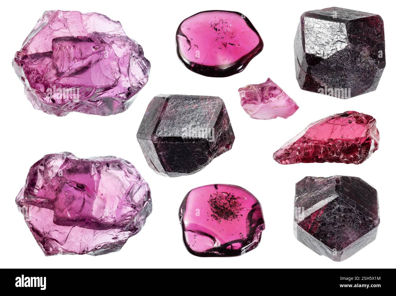 various specimens of uncut rhodolite rocks cutout on white background ...