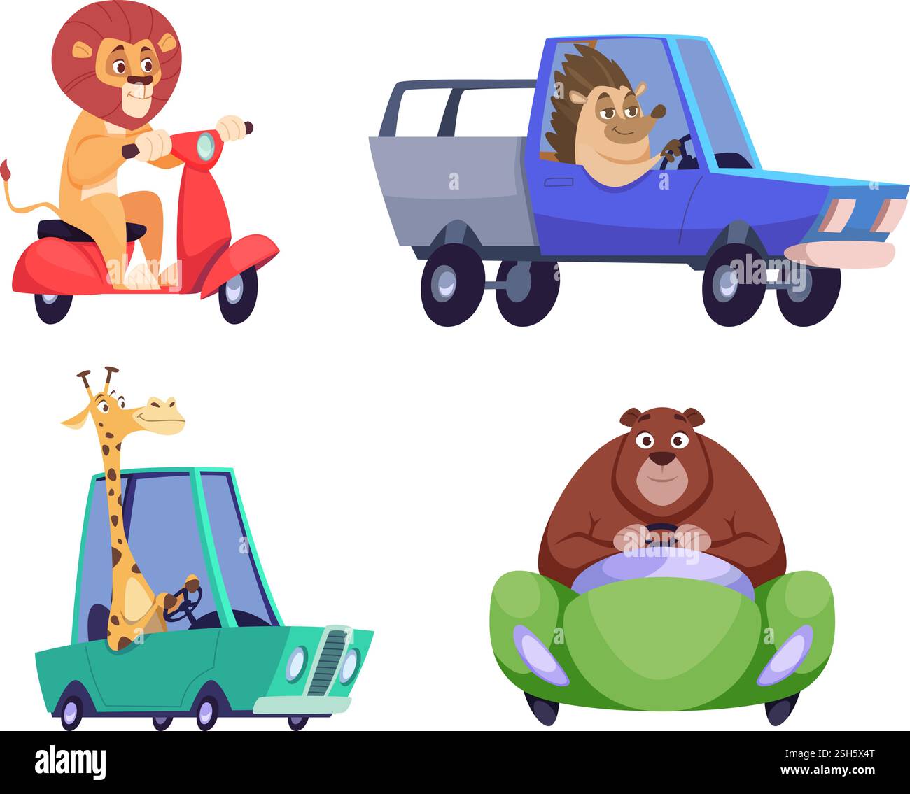 Animals drivers. Cute zoo characters driving cars or different urban ...