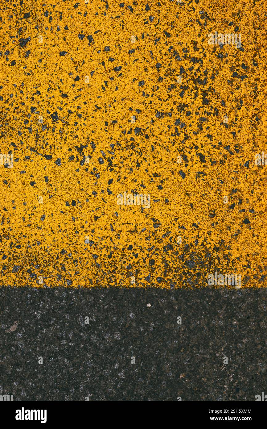 Yellow paint road marking on asphalt highway surface, top view as ...