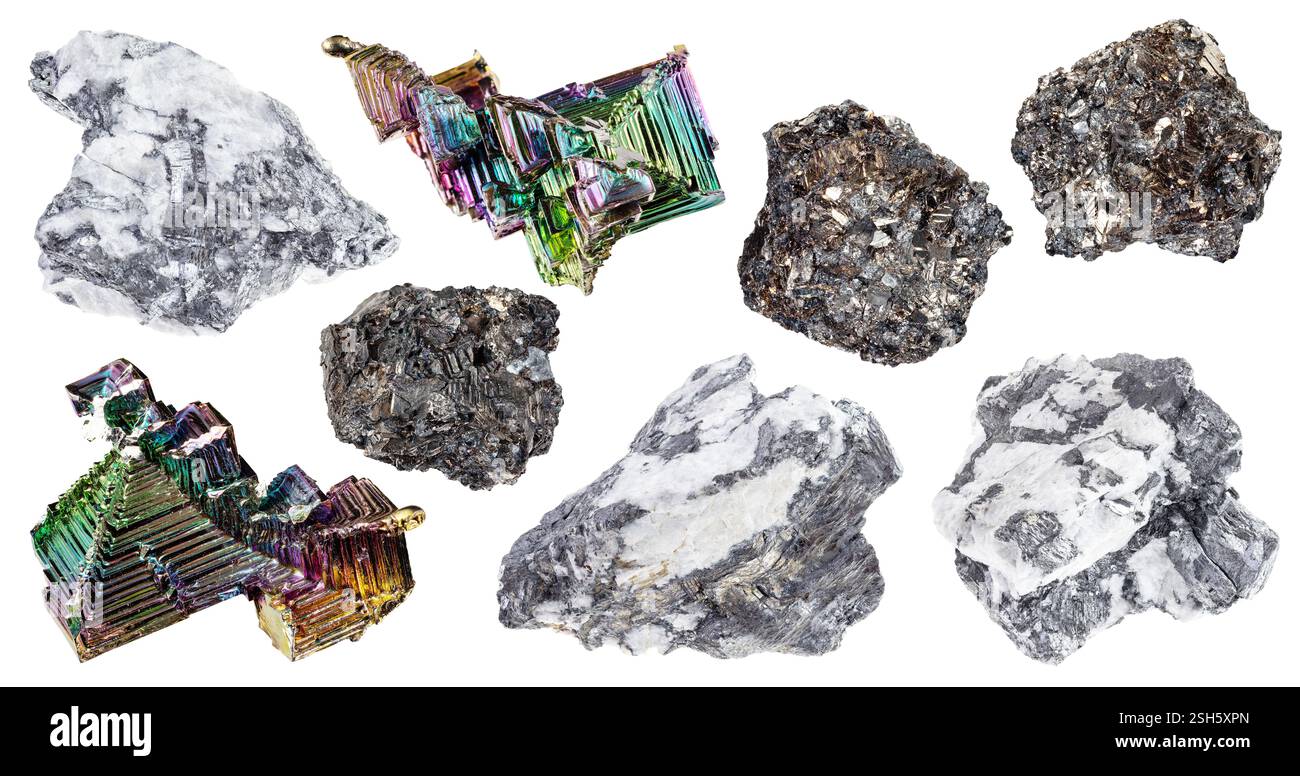 various specimens of uncut bismuthinite rocks cutout on white ...