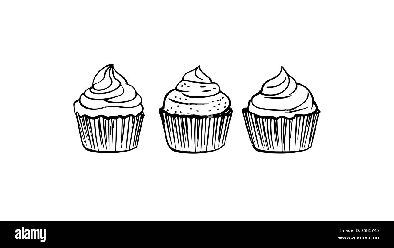 Three cupcakes illustration. Cream topping and decorative sprinkles ...
