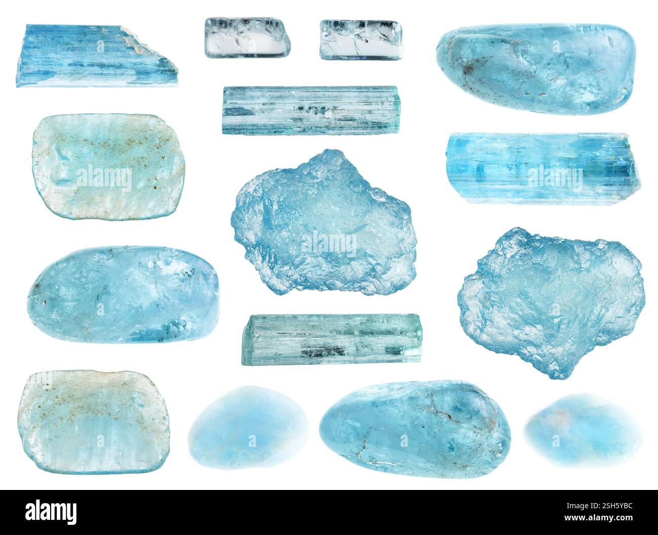 various specimens of uncut aquamarine blue beryl rocks cutout on white ...