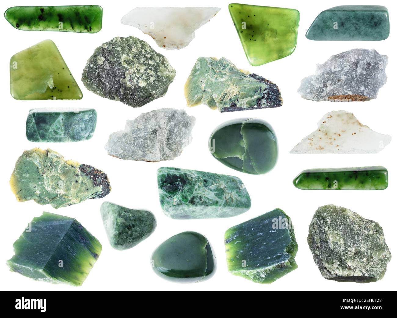 various specimens of uncut jade rocks cutout on white background Stock ...