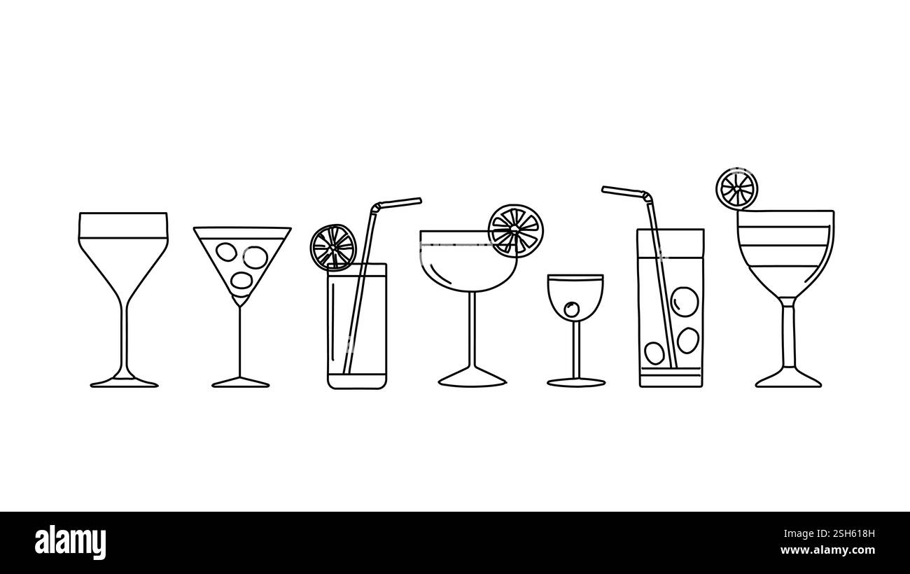 Various cocktails outline. Lemon slice decorations and straws added ...