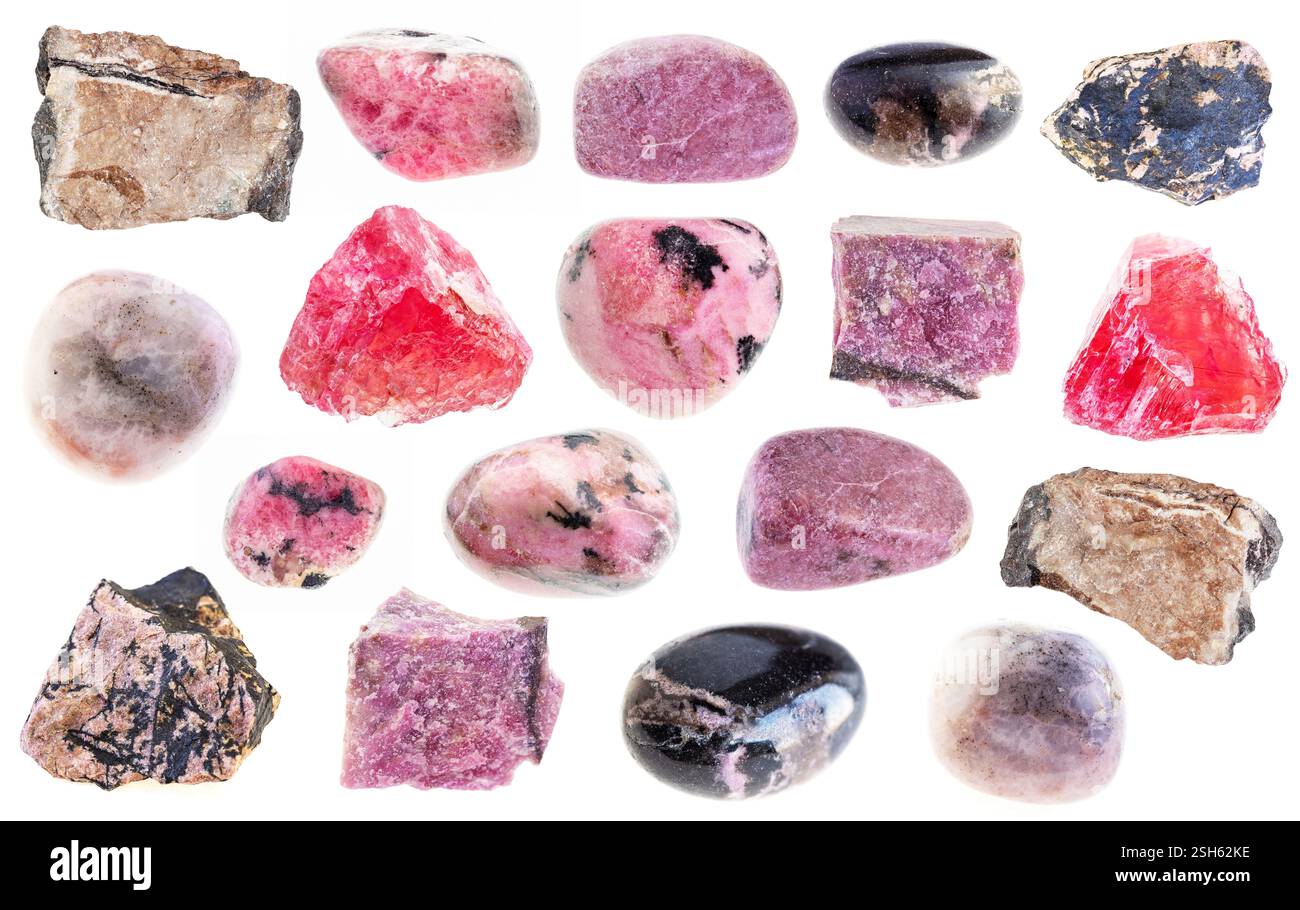 various specimens of uncut rhodonite rocks cutout on white background ...