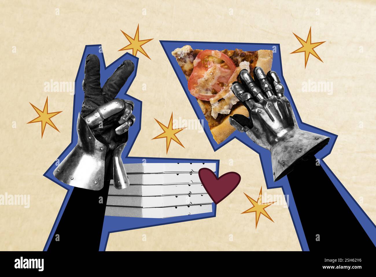 Creative sketch collage of knight hand show peace gesture wear armor ...