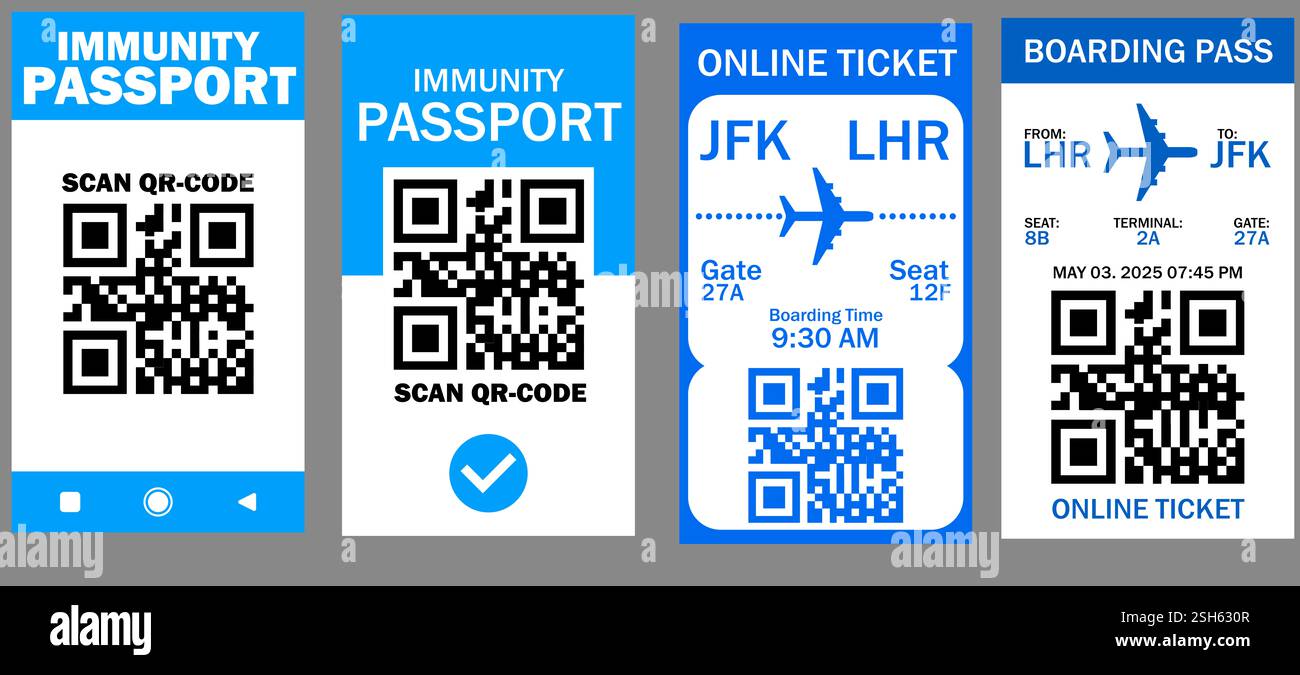 Immunity passport and online ticket with QR codes on grey background ...