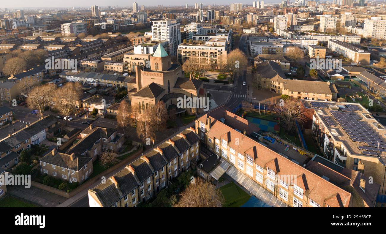 Poplar, Tower Hamlets. Aerial view of the diverse housing and St Mary's ...