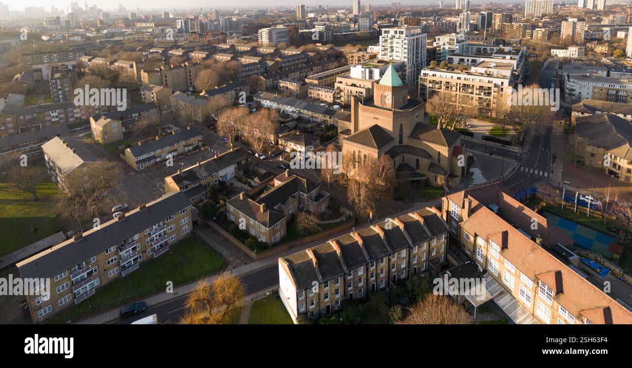 Poplar, Tower Hamlets. Aerial view of the diverse housing and St Mary's ...