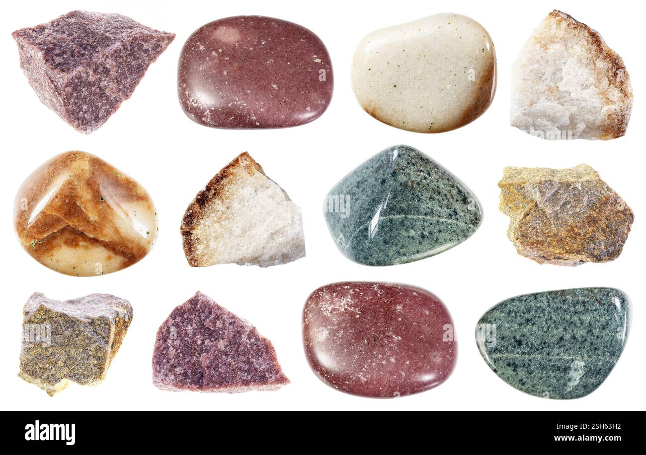 various specimens of uncut quartzite rocks cutout on white background ...