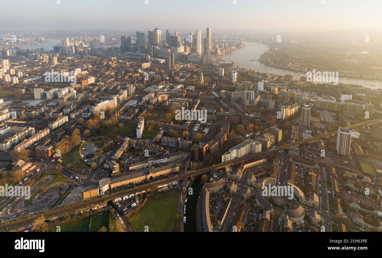 Mile End Tower Hamlets. Aerial view of London, UK, The Thames River is ...