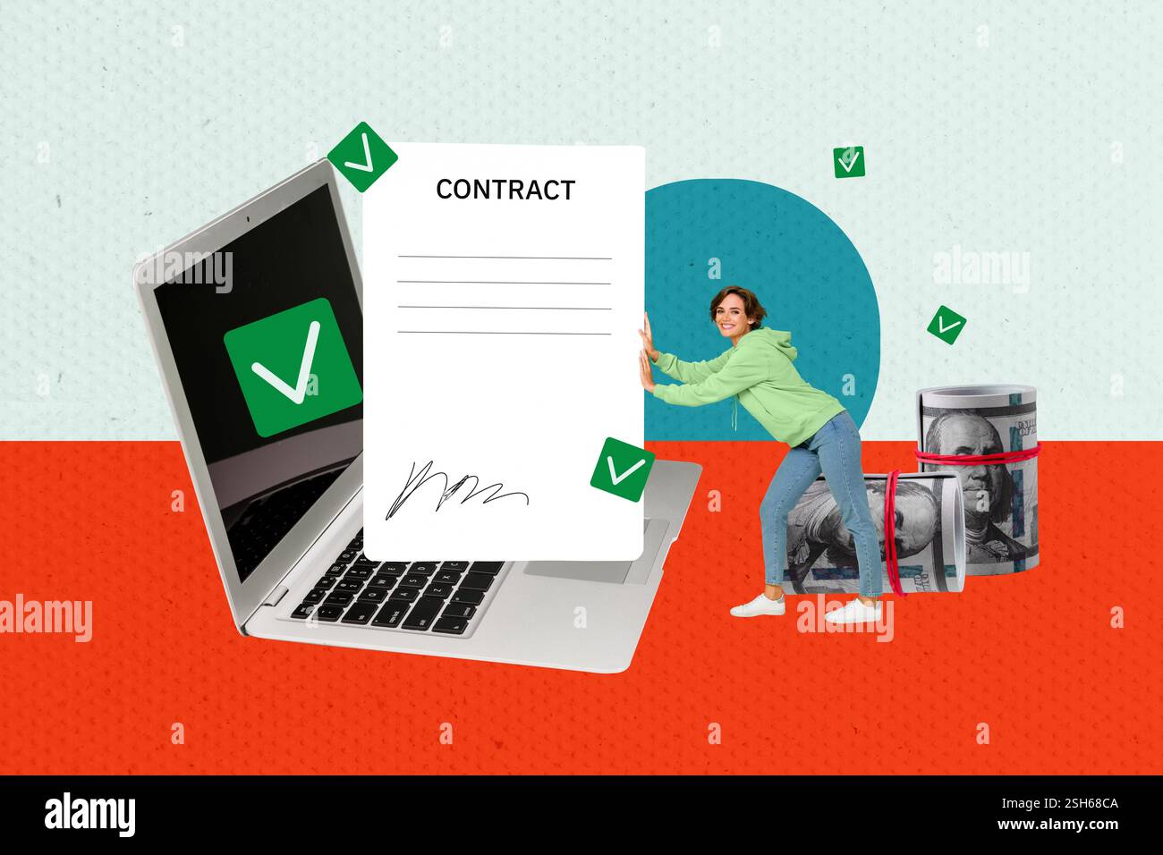 Template poster trend 3D photo collage of laptop contract sheet young ...