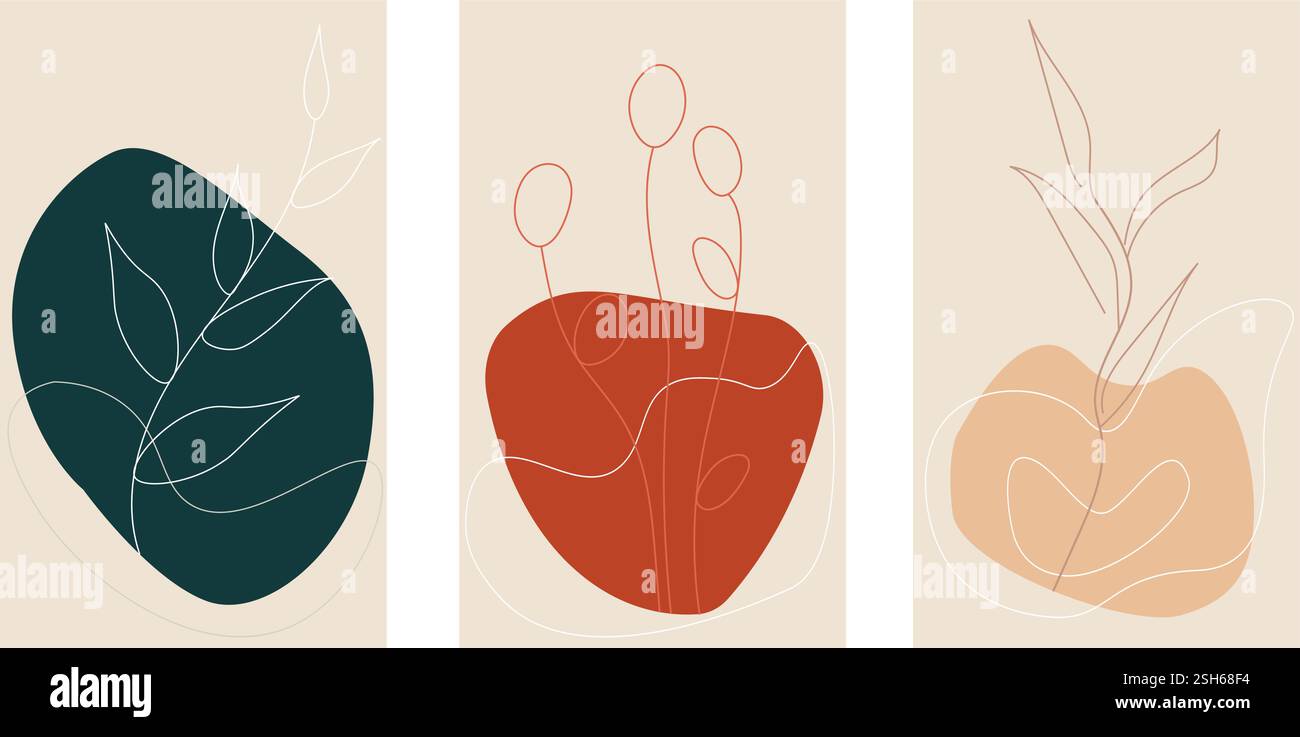 Minimalist Boho Abstract Botanic Illustration Set Featuring Earthy Tone Artwork Designs Stock ...