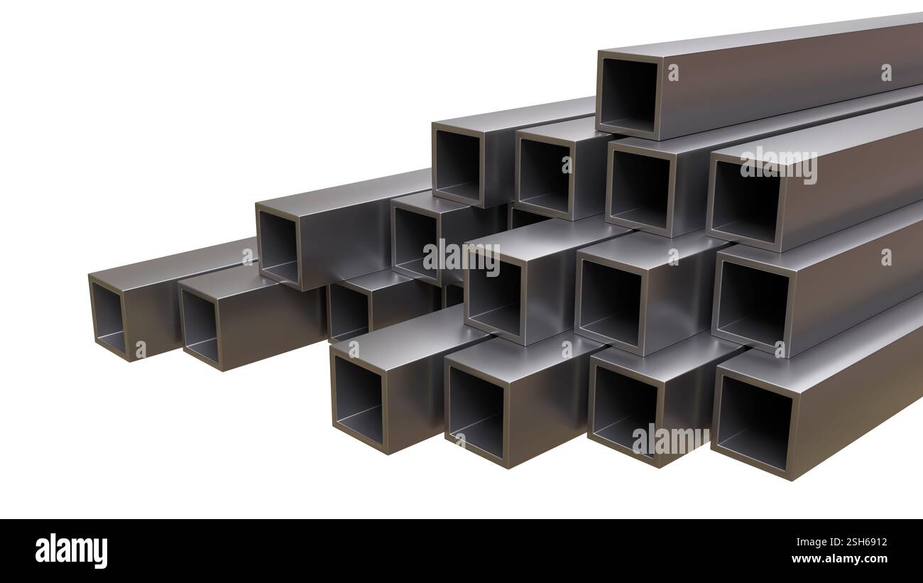 Steel hollow section beams, square shape tube isolated on white, 3d ...