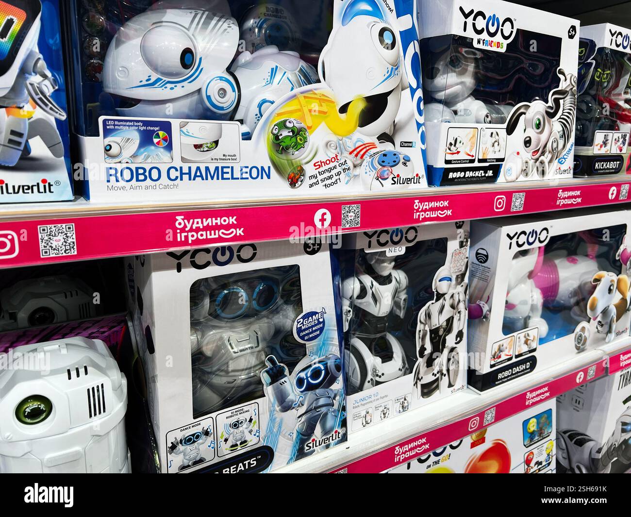 Kyiv, Ukraine - February 09, 2025: Colorful robotic toys neatly ...