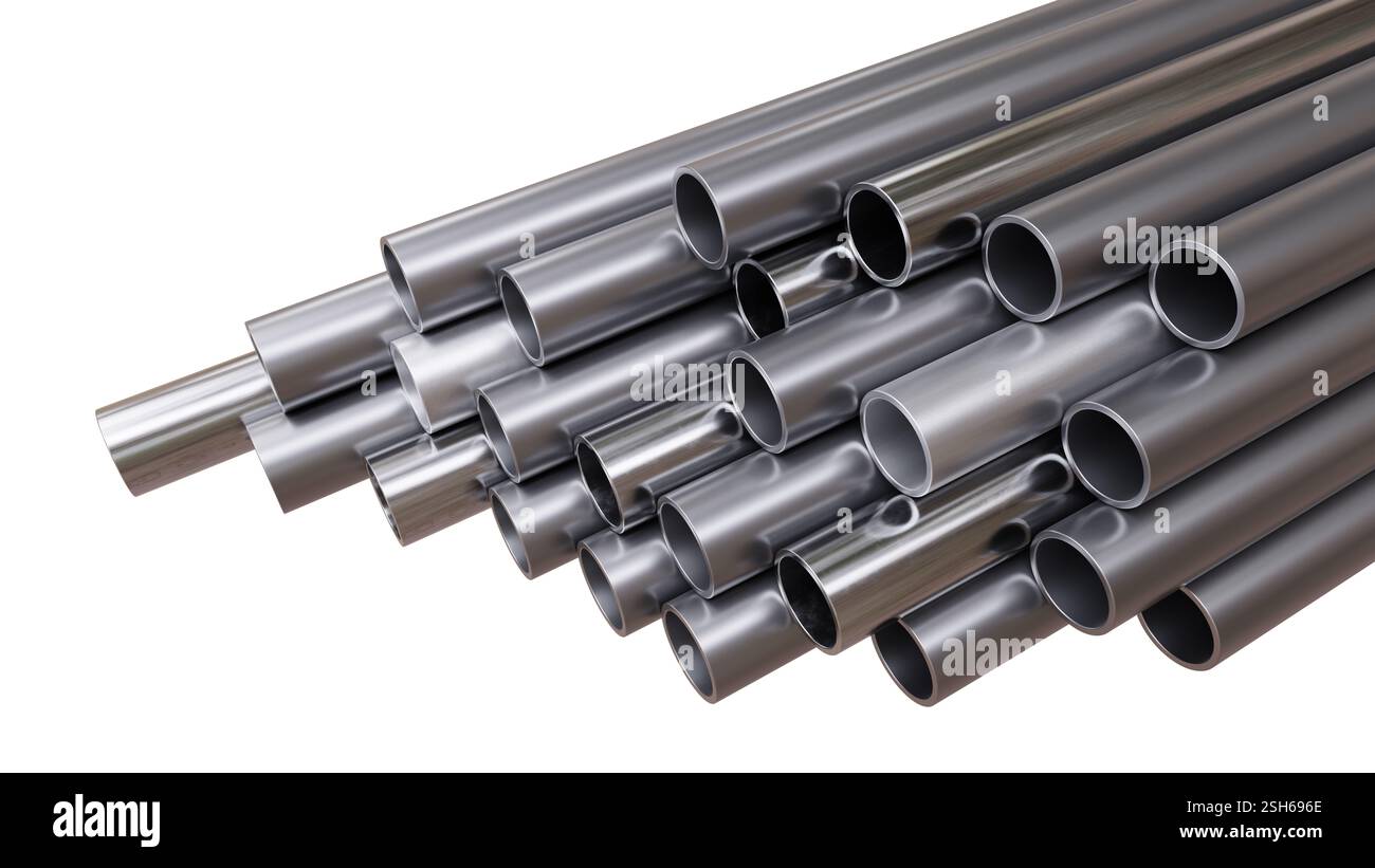 Steel hollow section beams, circular shape tube isolated on white, 3d ...