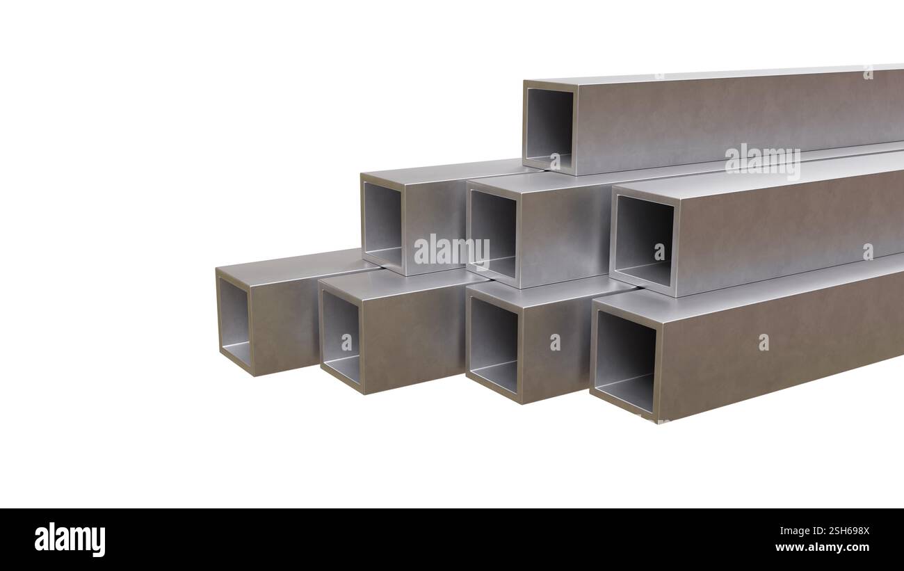Steel hollow section beams, square shape tube isolated on white, 3d ...