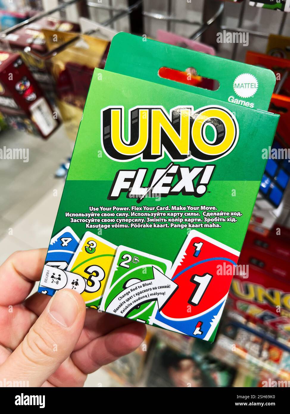 Kyiv, Ukraine - February 09, 2025: Uno Flex card game in green ...