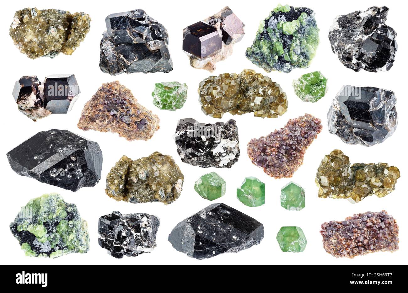 various specimens of uncut andradite rocks cutout on white background ...