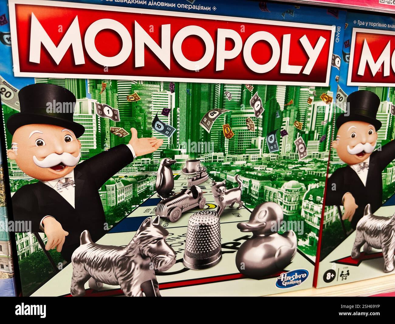 Kyiv, Ukraine - February 09, 2025: Classic Monopoly board game box ...