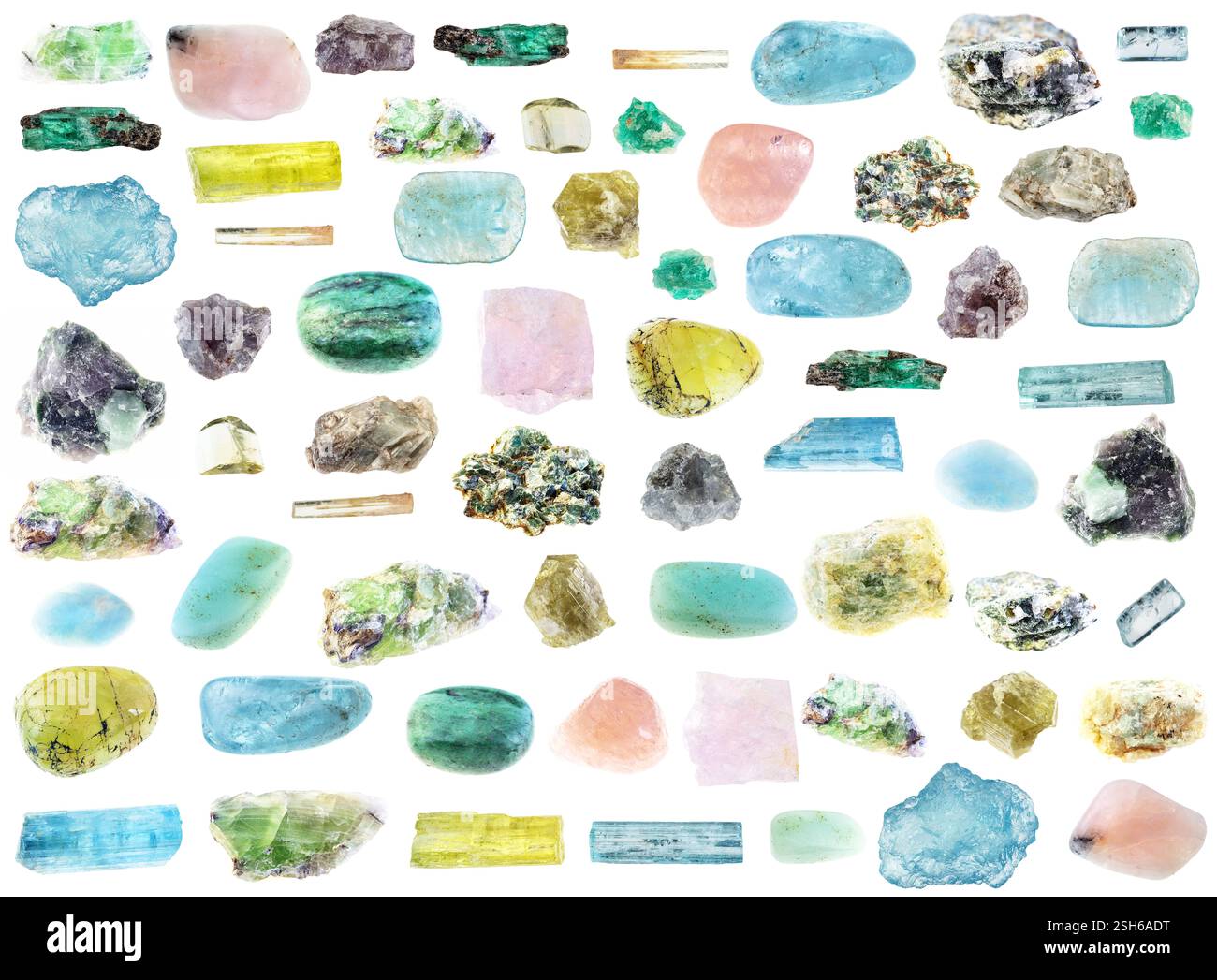 various specimens of uncut beryl rocks cutout on white background Stock ...