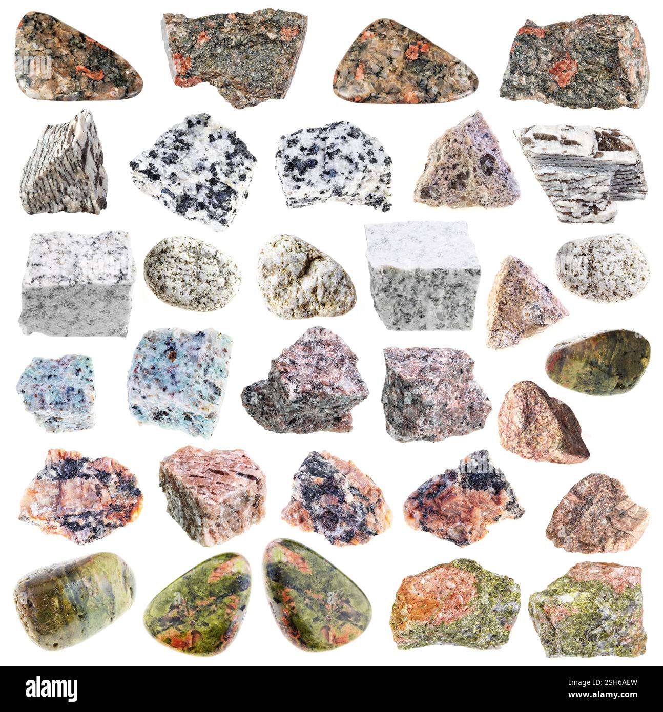 various specimens of uncut granite rocks cutout on white background ...