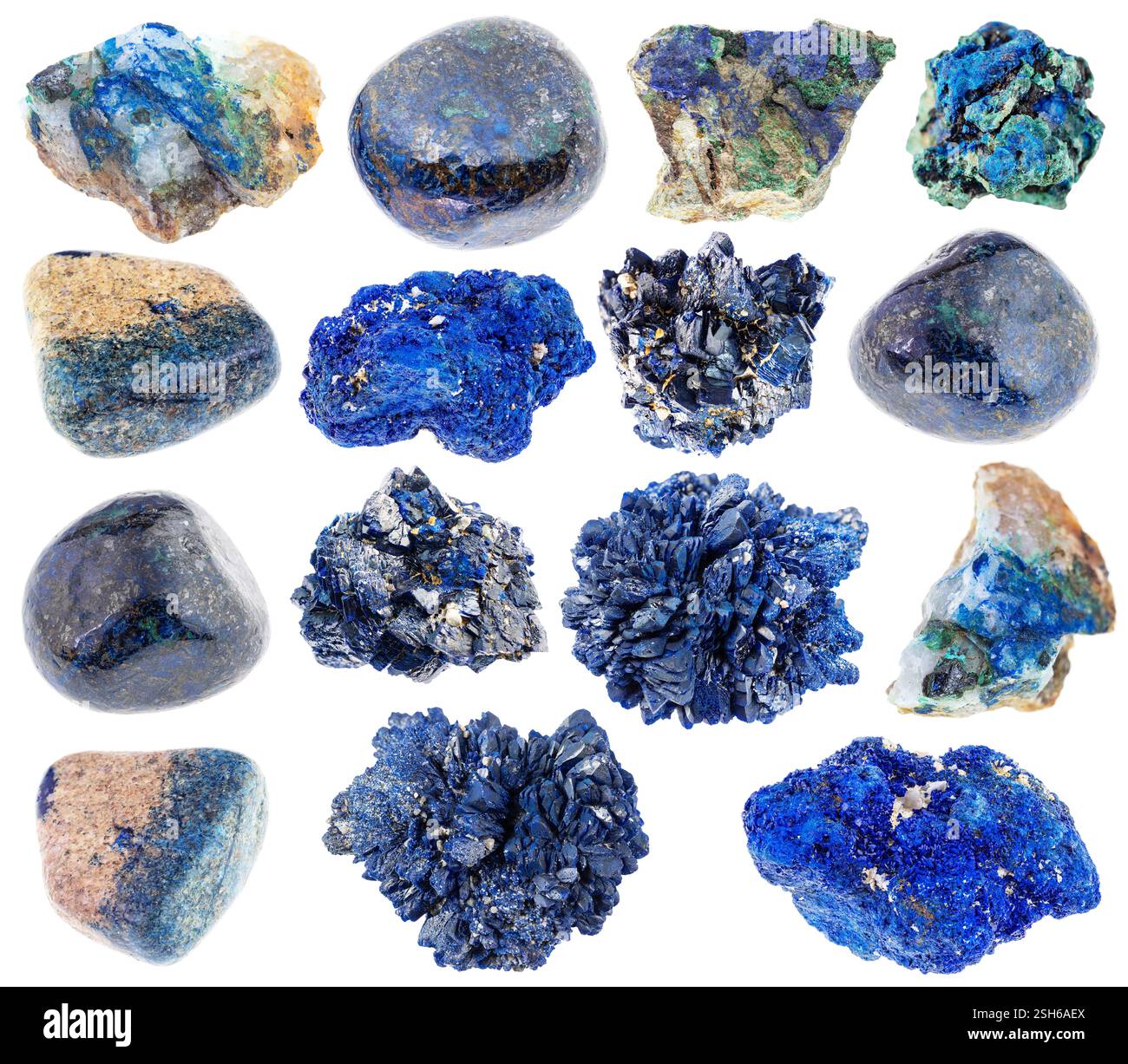 various specimens of uncut azurite rocks cutout on white background ...