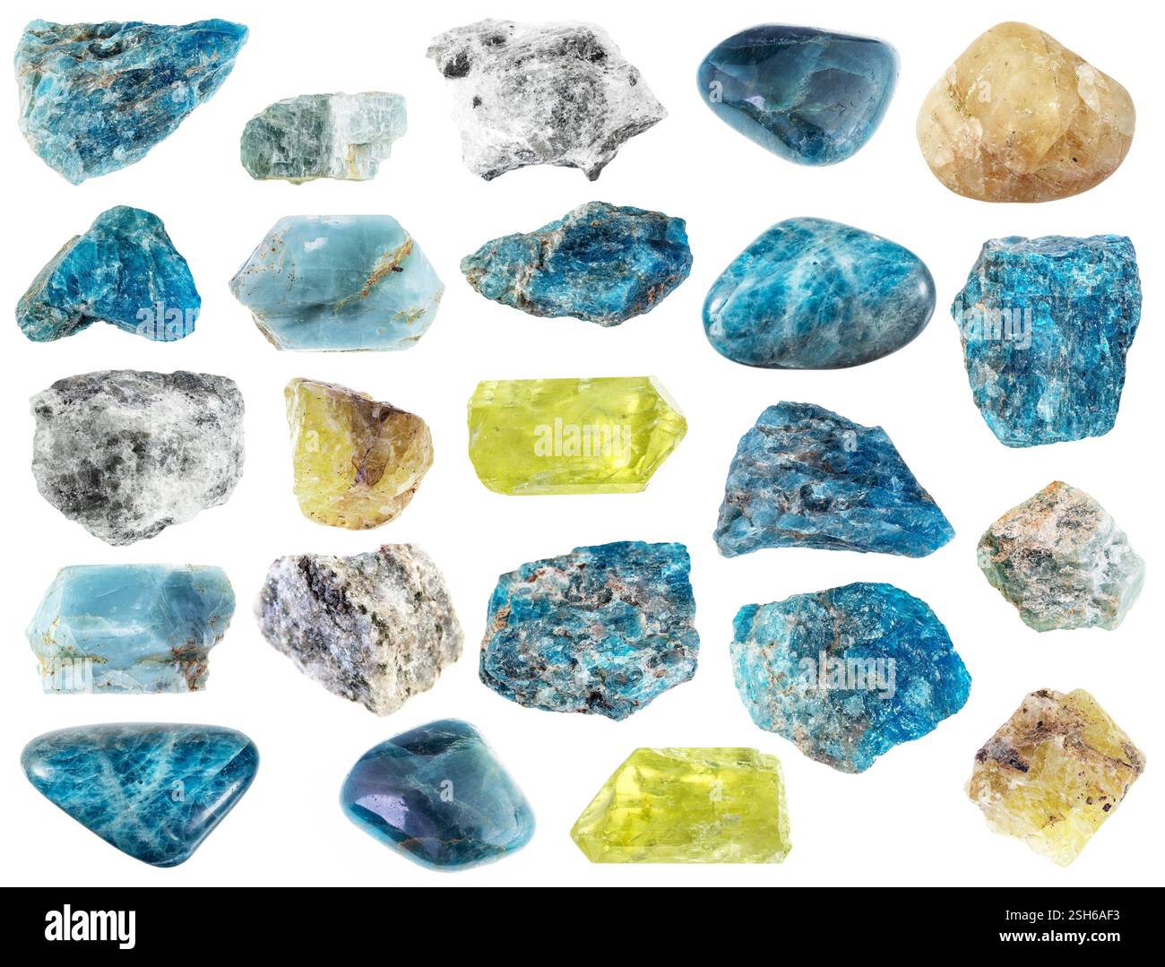 various specimens of uncut apatite rocks cutout on white background ...