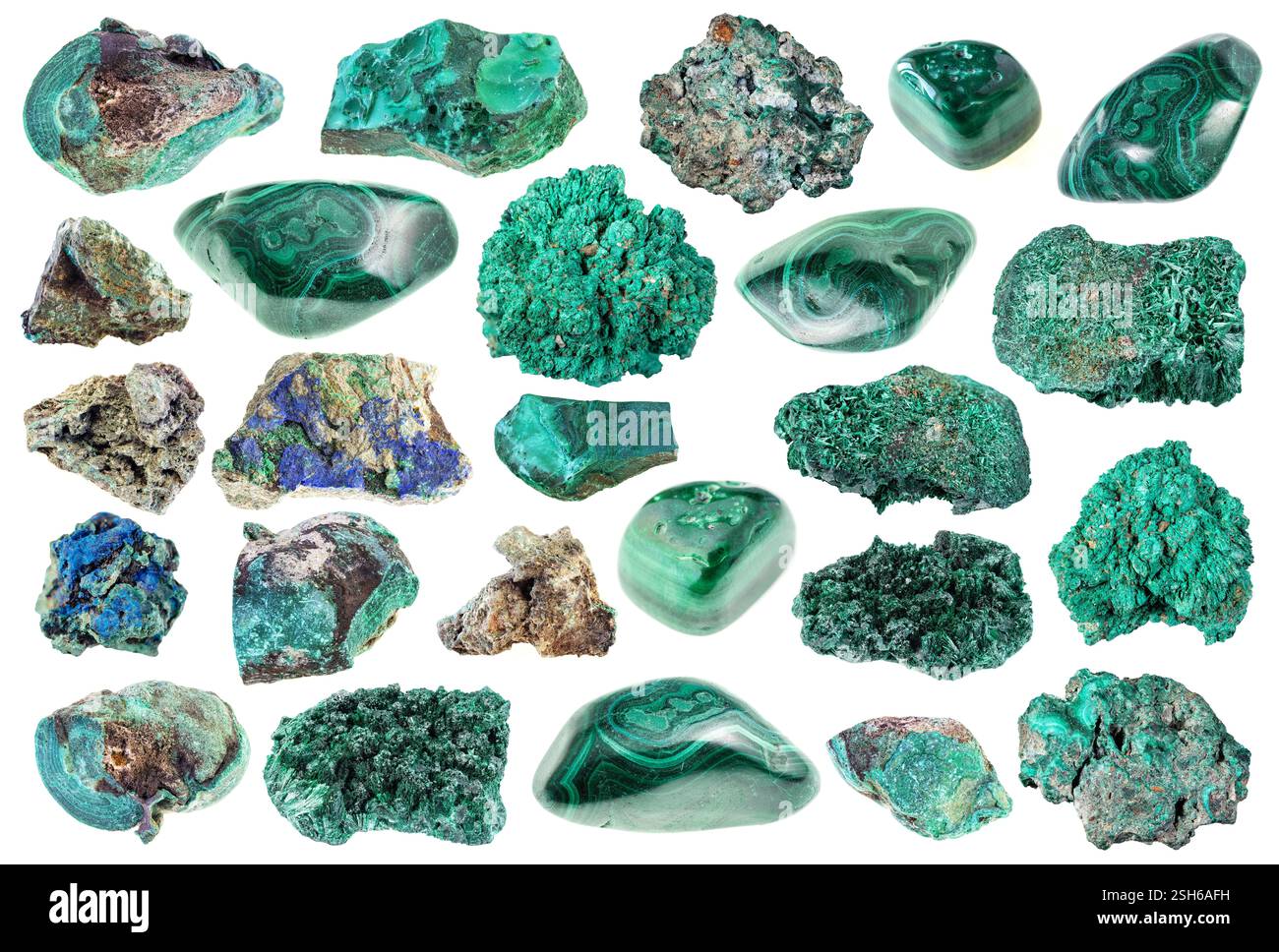 various specimens of uncut malachite rocks cutout on white background ...