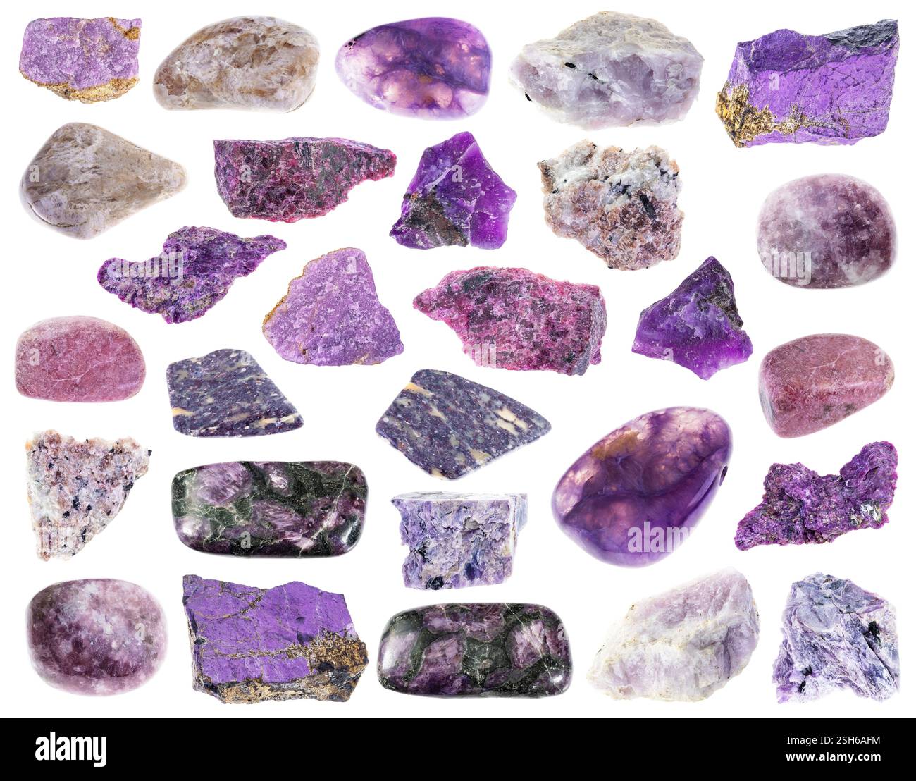 various specimens of uncut purple rocks cutout on white background ...