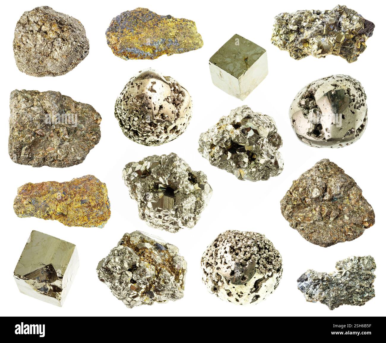 various specimens of uncut iron pyrite rocks cutout on white background ...