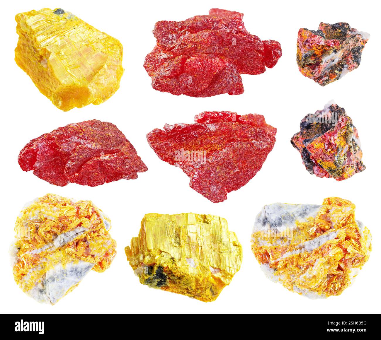 various specimens of uncut realgar and orpiment rocks cutout on white ...