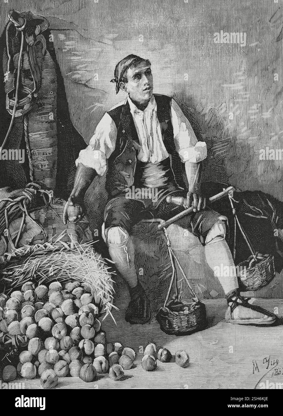 History of Spain, 19th century. Aragonese vendor of peaches. Engraving ...