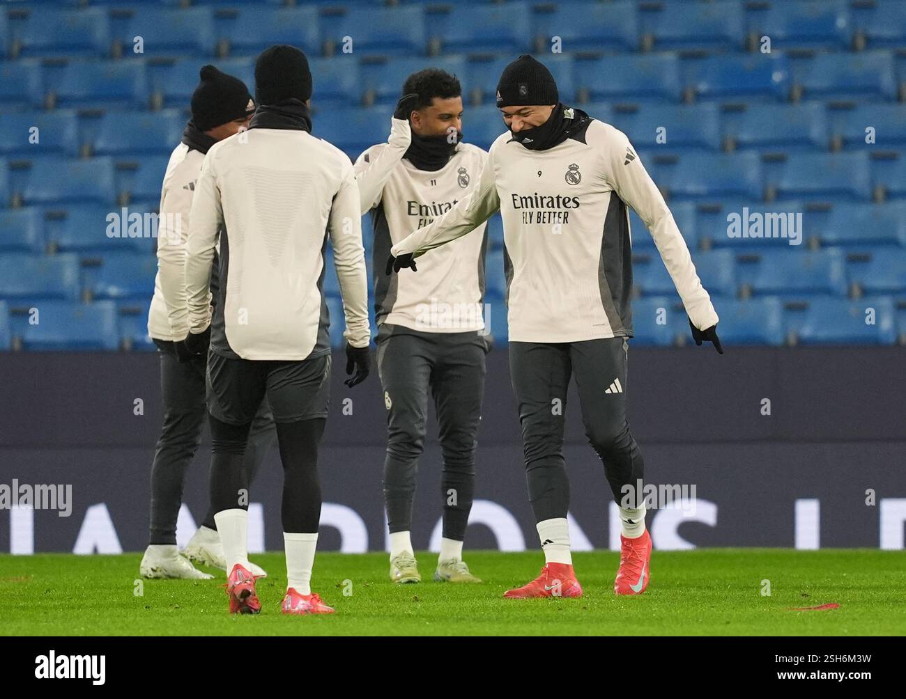 Real Madrid's Kylian Mbappe (right) during a training session at the ...