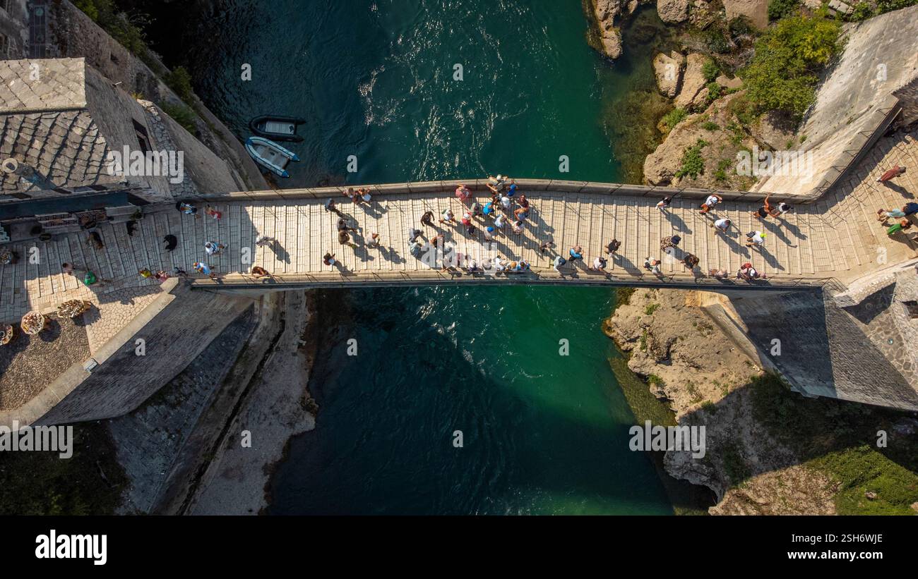 Top down view of the old bridge in Mostar. Aerial view of the Neretva ...