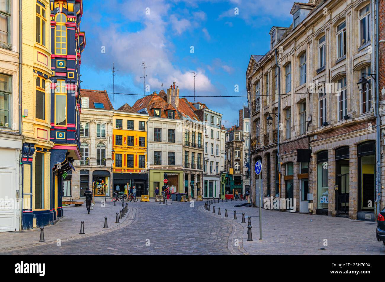 Vieux Lille old town quarter with empty narrow cobblestone street ...